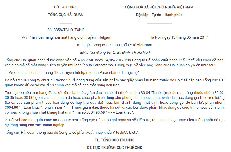PHÂN LOẠI HÀNG HÓA NHẬP KHẨU : MẶT HÀNG DỊCH TRUYỀN INFULGAN – Airseaglobal